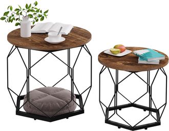 Woltu Couchtisch 2er Set, Beistelltisch mit runder Tischplatte, Sofatisch mit hohlem Metallrahmen, Wohnzimmertisch mit Stauraum, aus Holzwerkstoff, Holzopti