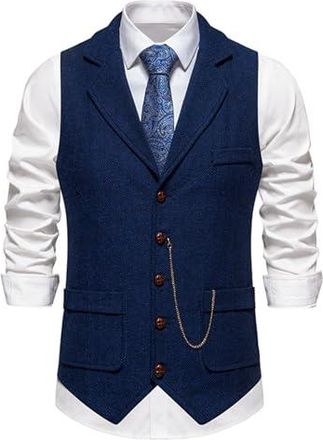 Generic Gilets de costume pour homme UK | Gilet pour homme décontracté formel à boutons, gilet classique fin avec chaîne en métal, gilet multi-poches en coton