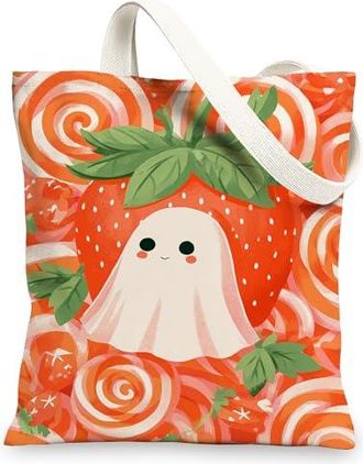 Generic Sacs fourre-tout en toile motif fraise, motif fruits mignons, sacs à provisions réutilisables, colorés, fantaisie, légers, lavables, Orange, 13x15 Inc