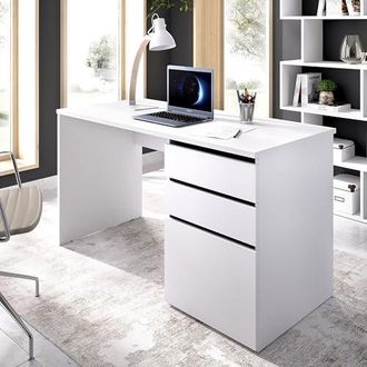 Dmora Schreibtisch Lagoni, Mehrzweckschreibtisch f&uuml;r B&uuml;ro oder Schlafzimmer, linearer Arbeitstisch mit 2 Schubladen und 1 T&uuml;r, 139 x 60 x 75 cm, Wei&szlig;