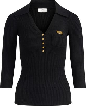 Elisabetta Franchi Femme, Tops, Noir, Taille: 36 FR Polo en maille c&ocirc;tel&eacute;e