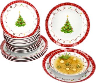 MamboCat Weihnachtstraum 18-tlg. Teller Set I 6 Personen I Dinner-Geschirr-Set mit Weihnachtsdekor I Je 6x Speiseteller, Suppenteller & Kuchenteller aus Porzel