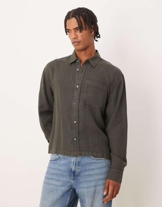 Abercrombie & Fitch Chemise 100 % lin à manches longues - Vert foncé