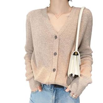 Generic Femmes Printemps Chic Col V Ray&eacute; Cachemire Cardigan Pull Manches Longues Tricot Manteaux, camel, Taille XS