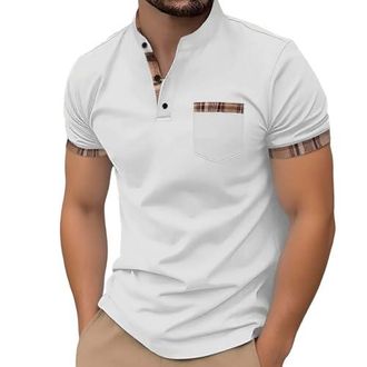 Generic Polo pour homme printemps/&eacute;t&eacute; tendance avec col montant, couleur unie, boutonni&egrave;re sur la poche de poitrine, haut confortable et respirant, Blanc., 3X