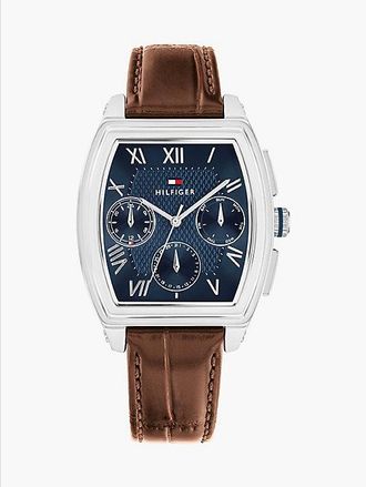 Tommy Hilfiger Montre &agrave; cadran carr&eacute; bleu et bracelet marron