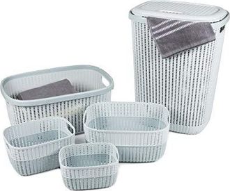 Alpina Wäschekorb-Set - 5 Teile - 1 mit Deckel - Strickmuster - Blau