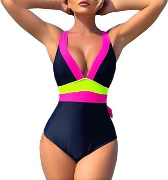 Generic Maillot De Bain Femme 1 Piece Maillot De Bain Femme Costume Respirant S&eacute;chage Rapide N&eacute;on Blocs De Couleur - Taille Haute, Dos Nou&eacute; Profond, Id&eacute;al Pla