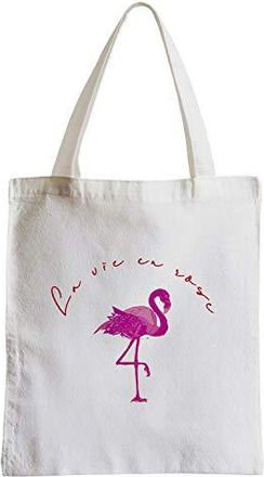 Fabulous Grand Sac Shopping Plage Etudiant Flamant Rose la Vie en Rose Dessin Texte Rouge
