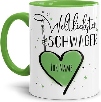 Tassendruck Keramik Tasse - Weltliebster Schwager - zum selbst gestalten mit Name - Geschenk für den besten Schwager - Innen & Henkel Hellgrün, 300 ml