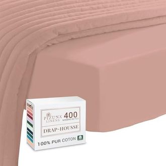 Pizuna Coton Peigné Drap Housse 90x200 cm Rose brumeuse, 100% Coton Longue Tige 400 Fils Armure Satin, Drap Housse de Luxe Bonnet 40 cm (Rose brumeuse Drap-H