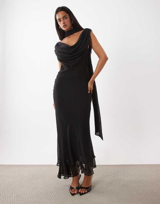 Asos Maxikleid mit Drapierung, schulterfrei, mit Schal-Detail und doppelter Lage in Schwarz