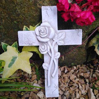 RDI Kreuz mit 3D Rosen Grabengel Gedenkstein Grabschmuck Grabdeko