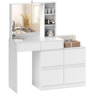HOMCOM Homcom - Schminktisch Kosmetiktisch mit Spiegel, Push-to-open-Mechanismen, Vielseitige Montagem&ouml;glichkeiten, Frisiertisch mit 4 Schubladen, 3 offene