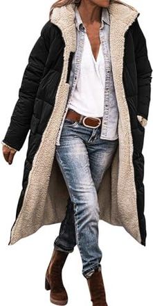 Generic Manteaux dhiver pour femme - Doudoune longue r&eacute;versible en polaire doubl&eacute;e Sherpa - Doudoune &agrave; capuche - Fermeture &eacute;clair - Douce, chaude et moelleuse