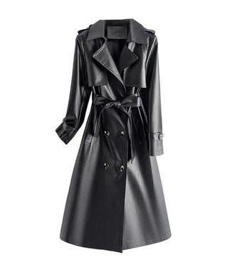 Generic Manteau Trench Femme Automne Hiver Cuir Peau de Mouton - Classique Revers Long Loose Oversize Veste avec Ceinture, Noir, L