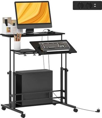 HOMCOM Lift Desk with Casters, Sockets, USB Ports, Adjustable Height, 80x60 cm, Standing Desk with Tilting Central Panel and Lower Storage Shelf, for Office,