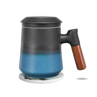 Zens Teetasse mit Deckel und Sieb, 430ml Gradienten Blau Holzgriff Teebecher mit Saugfähigen Untersetzer, Matte Keramik Teetassen mit Teesieb für Tee Gesch
