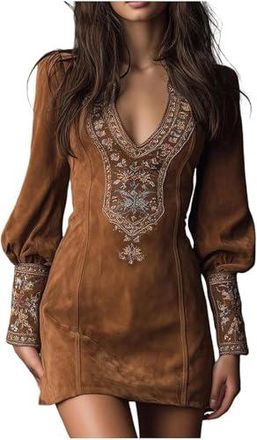 Generic Robe vintage en faux daim &agrave; manches longues et col en V brod&eacute;e pour femme, caf&eacute;, XXL