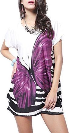 LaoZan Femme Robe Boh&eacute;mien Ethnique Imprim&eacute; Butterfly Chic Col Rond Tunique de Plage d&eacute;t&eacute; M Violet