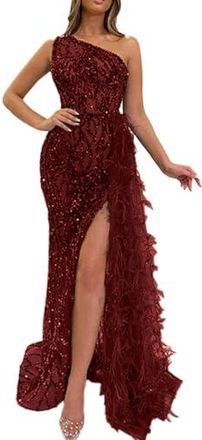 Onsoyours Robe Sans Manches Asymétrique Pailletée de Soirée Fendue en Plumes Longue de Cocktail pour Femme - Rouge L