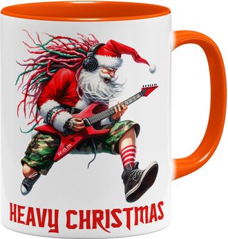 OM3 Heavy Christmas Kaffee-Tasse Lustige Weihnachtstasse f&uuml;r Rocker & Heavy Metal Fans - Weihnachtsmann mit Gitarre - Keramik Becher - 325ml - Beidseitig 