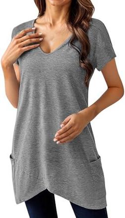 Generic Tunique &agrave; col en V avec poches pour femme - Coupe ample - Manches courtes - T-shirt long pour leggings - Travail et voyage - Doux et l&eacute;ger - Pour l&eacute;t&eacute;