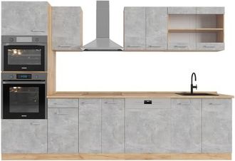 Vicco Cuisine R-Line, B&eacute;ton/Force dor Ch&ecirc;ne, 300cm avec Armoire Haute, PT Ch&ecirc;ne