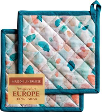 Maison d'Hermine Topflappen, 100% Baumwolle, hitzebeständig, Set mit 2 Hotpads mit Schleife zum Backen, Grillen, Mikrowelle, Umgang mit heißen Pfannen, Summer Picnic -