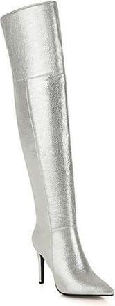 Generic Argent,37 EU,Bottes Hautes en Cuir Verni PU pour Femmes, Bout Pointu, Fermeture éclair latérale, Tendance, Confortables, Talons Aiguilles, au-Dessus d