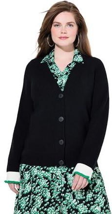 Ulla Popken Femme Grandes Tailles Cardigan col en V, Poignets Fantaisie Noir 50+ 834133100-50+