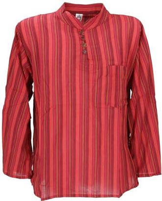 Guru Shop Guru-Boutique, Chemise de Pêcheur Népalais, Chemise Hippie Goa Rayée, Chemise de Yoga, Rouge, Ducoton, Size:44, Des Chemises