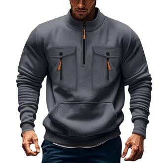 Generic Sweat-shirt pour homme sans capuche, t-shirts &agrave; manches longues avec fermeture &eacute;clair 1/4, t-shirts dext&eacute;rieur, plusieurs poches, t-shirt thermique do