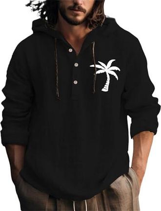 Generic Chemise en lin pour homme - Coton et lin - Sweat &agrave; capuche - Manches longues - Avec capuche - Boutonni&egrave;re - Couleur unie - Respirant - Confortable - C