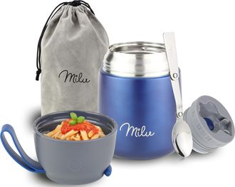 Milu Thermobehälter für Essen 450ml, Edelstahl Warmhaltebehälter mit Löffel, Thermobecher Essen, Thermo Lunchbox für Kinder, Erwachsene, Thermobox Suppen, 