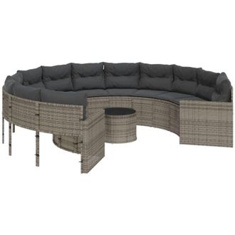 vidaXL Gartensofa mit Tisch und Kissen Rund Grau Poly Rattan - Vidaxl