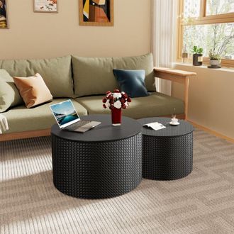 Generic Rundes Beistelltisch-Set (2-teilig), runde Holz-Stapeltische mit Holzmaserung, Beistelltisch-Sets im Landhausstil f&uuml;r kleine Wohnzimmer,E