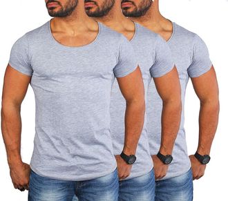 Young & Rich Herren Uni T-Shirt mit tiefem Rundhals Ausschnitt einfarbig körperbetontes Basic Tee Vintage Look 1702, Grösse:3XL, Farbe:Grau Melange (3er Pack)