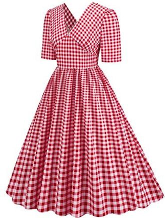 Generic Robe Grande Taille Femme Imprimerie à Carreaux, Robe Vintage Sexy-Robe De Soirée Longue Femme Col V Manche Courte Dresses Taille Haute Mode Chic Basiq