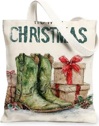 Generic Sacs fourre-tout en toile rustiques vintage de No&euml;l, sacs de courses r&eacute;utilisables, l&eacute;gers et lavables, vert, 13x15 Inch