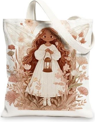 Generic Sacs fourre-tout fantaisistes en toile, jolis motifs de fées, sacs à provisions réutilisables, vintage, botanique, léger, lavable à lépaule, blanc, 13