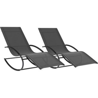 IDMarket Set aus 2 Liegest&uuml;hlen - Schaukelstuhl MALAWI anthrazitgrau und graues Tuch