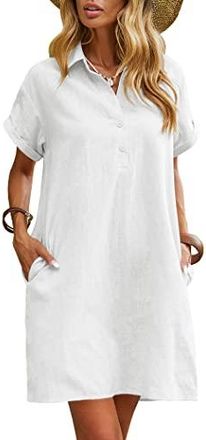 Zeagoo Robe Tunique Femme en Lin Robes d&Eacute;t&eacute; Unies Casual Courte Robe Unie Blanche Taille S