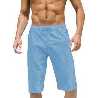 Generic Short de plage pour homme - En coton et lin - Pantalon baggy sarouel - Pantalon de plage avec poches - Coupe droite, bleu, XXL