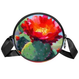 Generic Sac &agrave; bandouli&egrave;re rond pour femme, motif cactus rouge, petit sac &agrave; bandouli&egrave;re avec fermeture &eacute;clair, bretelles r&eacute;glables, sac &agrave; main rond d&eacute;contract&eacute;