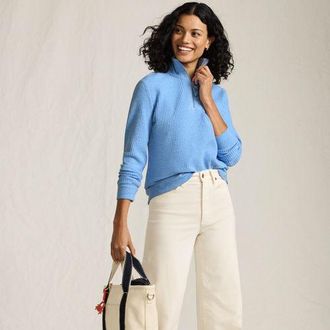 Lands End Waffelstrick-Pullover mit Zipper, Damen, Gr&ouml;&szlig;e:44-46 regular, Blau, Baumwoll-Mischung/Polyester-Mischung, by Lands End