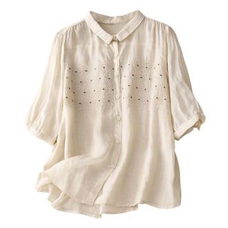 Generic Chemises chinoises en lin pour femme - Style d&eacute;contract&eacute; - Avec broderie florale - Style vintage - Boho - Confortable, beige, XXL