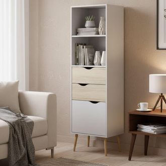 Dmora B&uuml;cherregal im skandinavischen Stil mit zwei Regalen, zwei Schubladen und einer T&uuml;r, Wei&szlig; und Eiche, Ma&szlig;e 50 x 171 x 39 cm