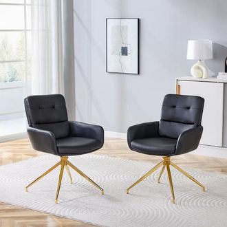 OEM [set Di 2] Sedia Girevole Europea Dal Design Leggero E Lussuoso: Rivestimento In Pu Nero + Gambe In Metallo Color Oro, Rotazione Fluida A 360&deg;, Set Di