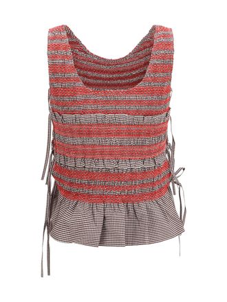 Ganni Womens Elastic Printed Top With Ruching And Side Ties Chicory Coffee Cotton; Elastane